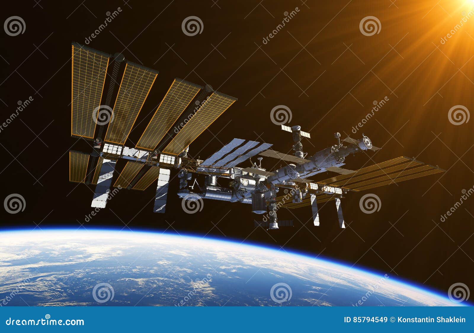 Internationella Rymdstationen I Yttre Rymd Stock Illustrationer ...