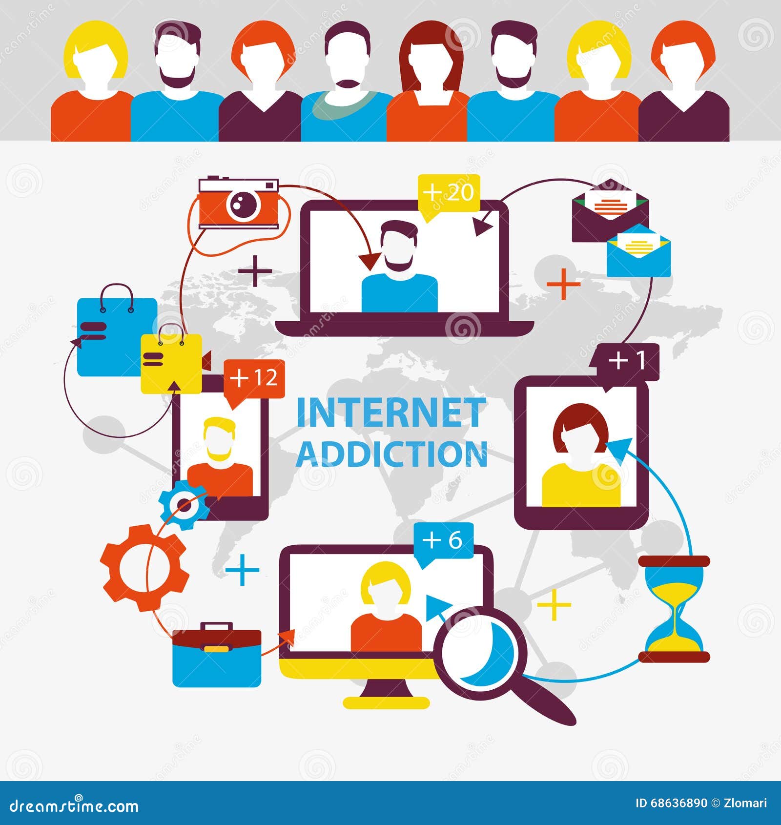 Internet Addiction. Group of People Use Smartphone, Notebook and Stock ...