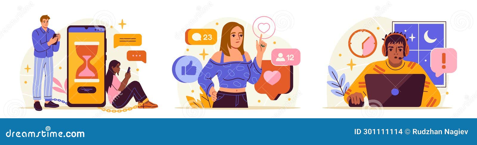 Internet Addiction Vector Set of Illustrations Stock Illustration ...