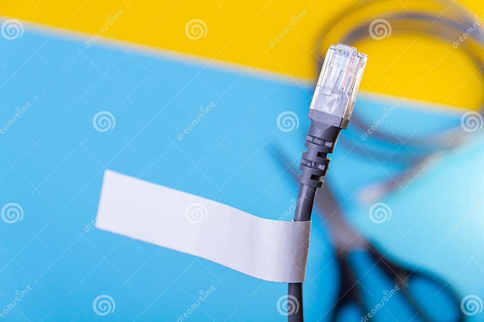 Internet Cable and Scissors Cut it. Disconnection of Internet Network ...