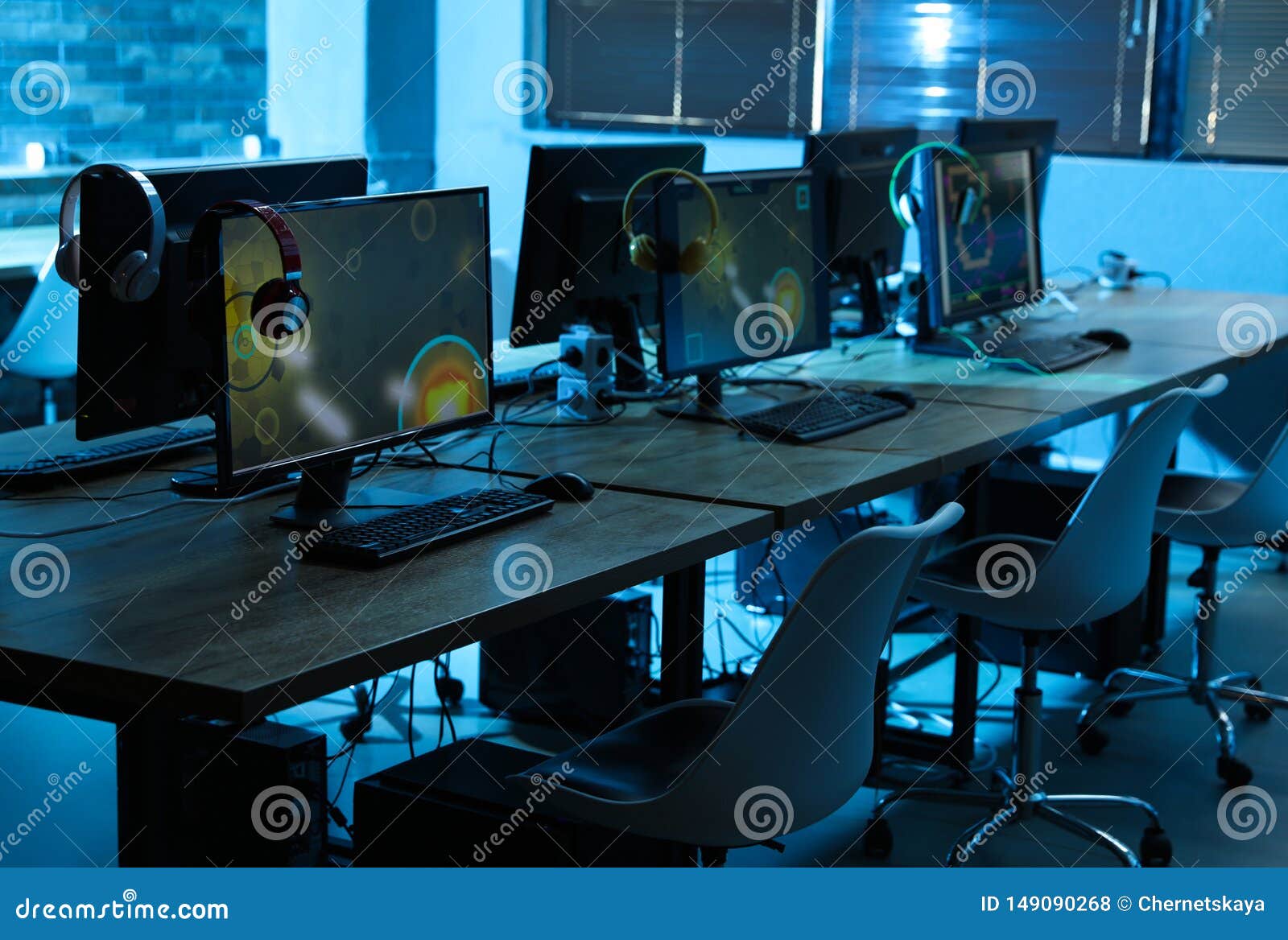 Internet Cafe Interior with Computers. Video Game Tournament Stock ...