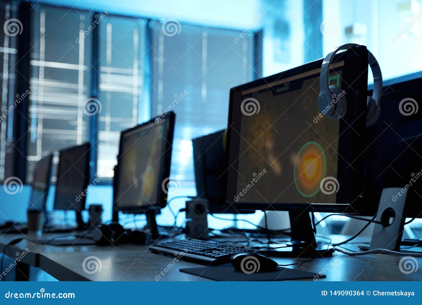 Internet Cafe Interior with Computers. Video Game Tournament Stock ...