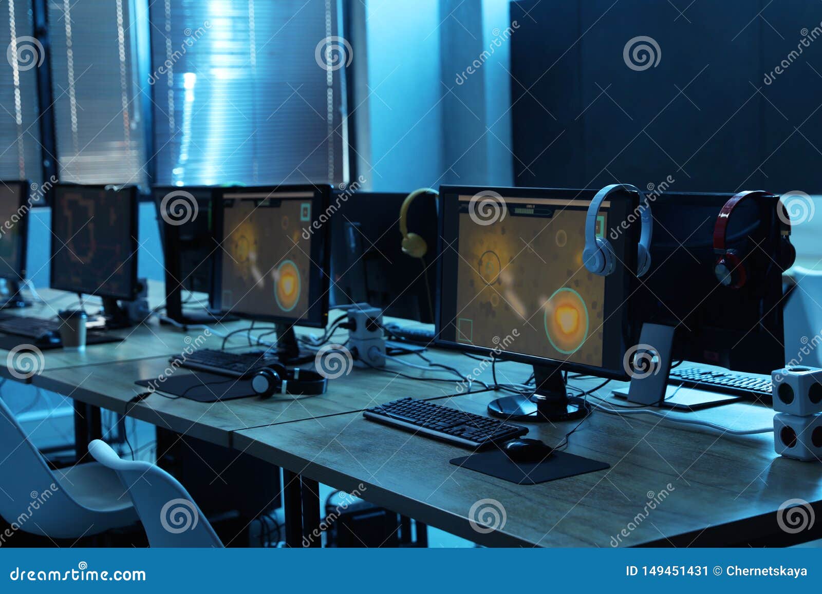 Internet Cafe Interior with Computers. Video Game Tournament Stock ...