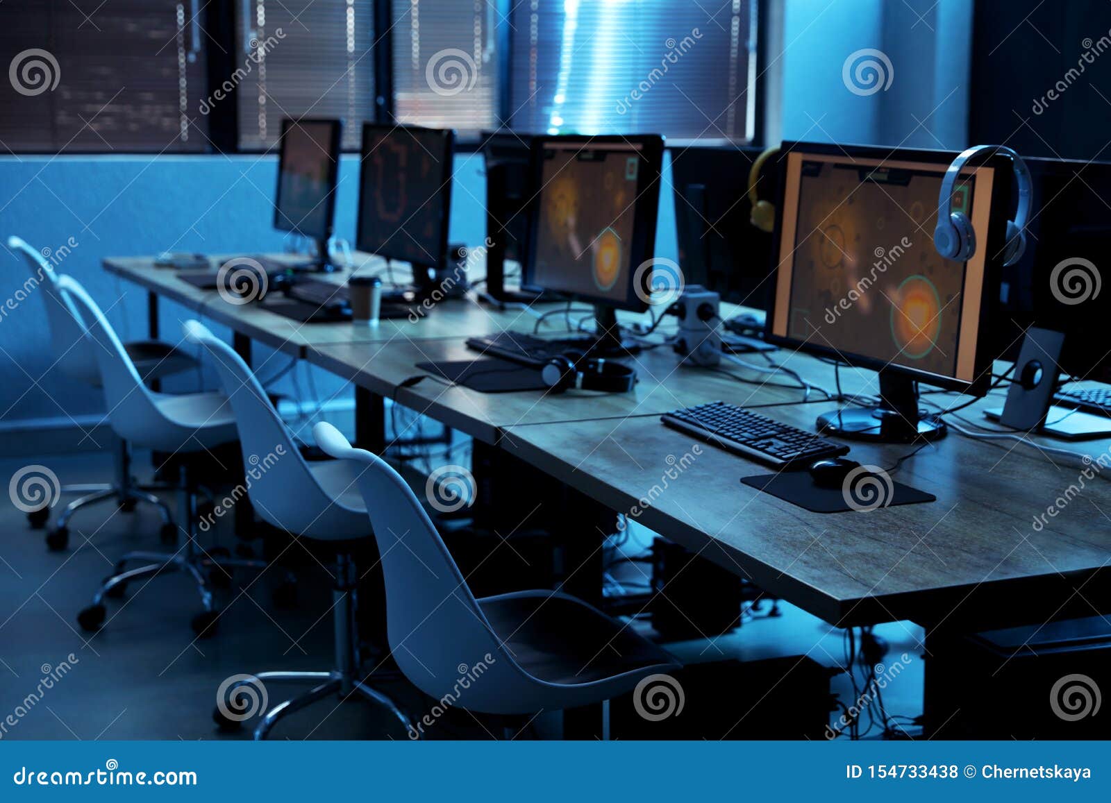 Internet Cafe Interior with Computers. Video Game Tournament Stock ...