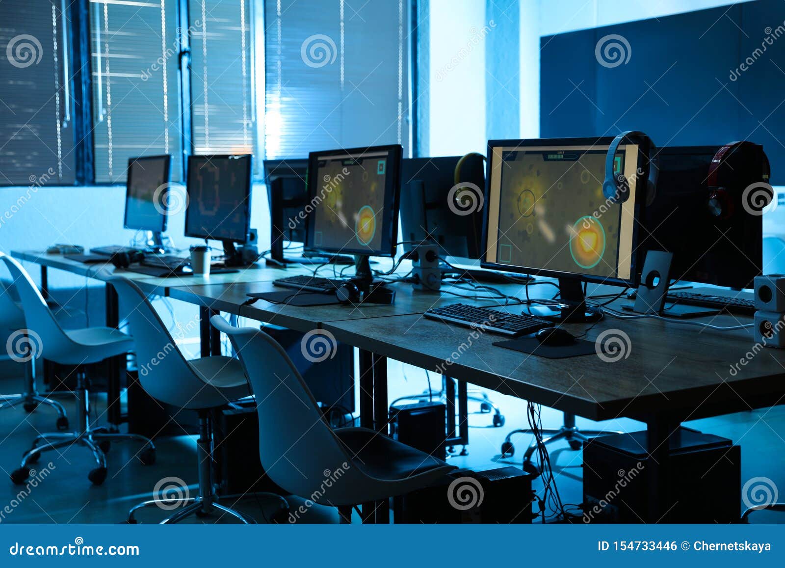 Internet Cafe Interior with Computers. Video Game Tournament Stock ...