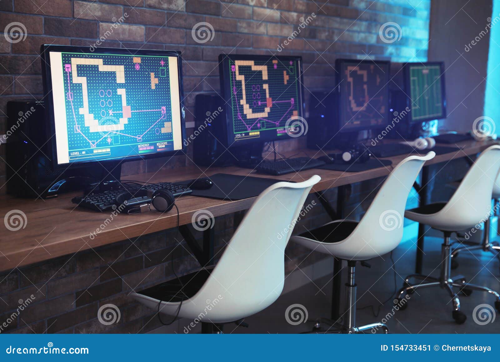 Internet Cafe Interior with Computers. Video Game Tournament Stock ...