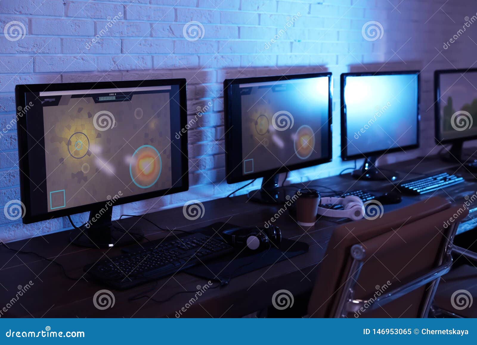 Internet Cafe with Computers for Playing Video Games Stock Image ...