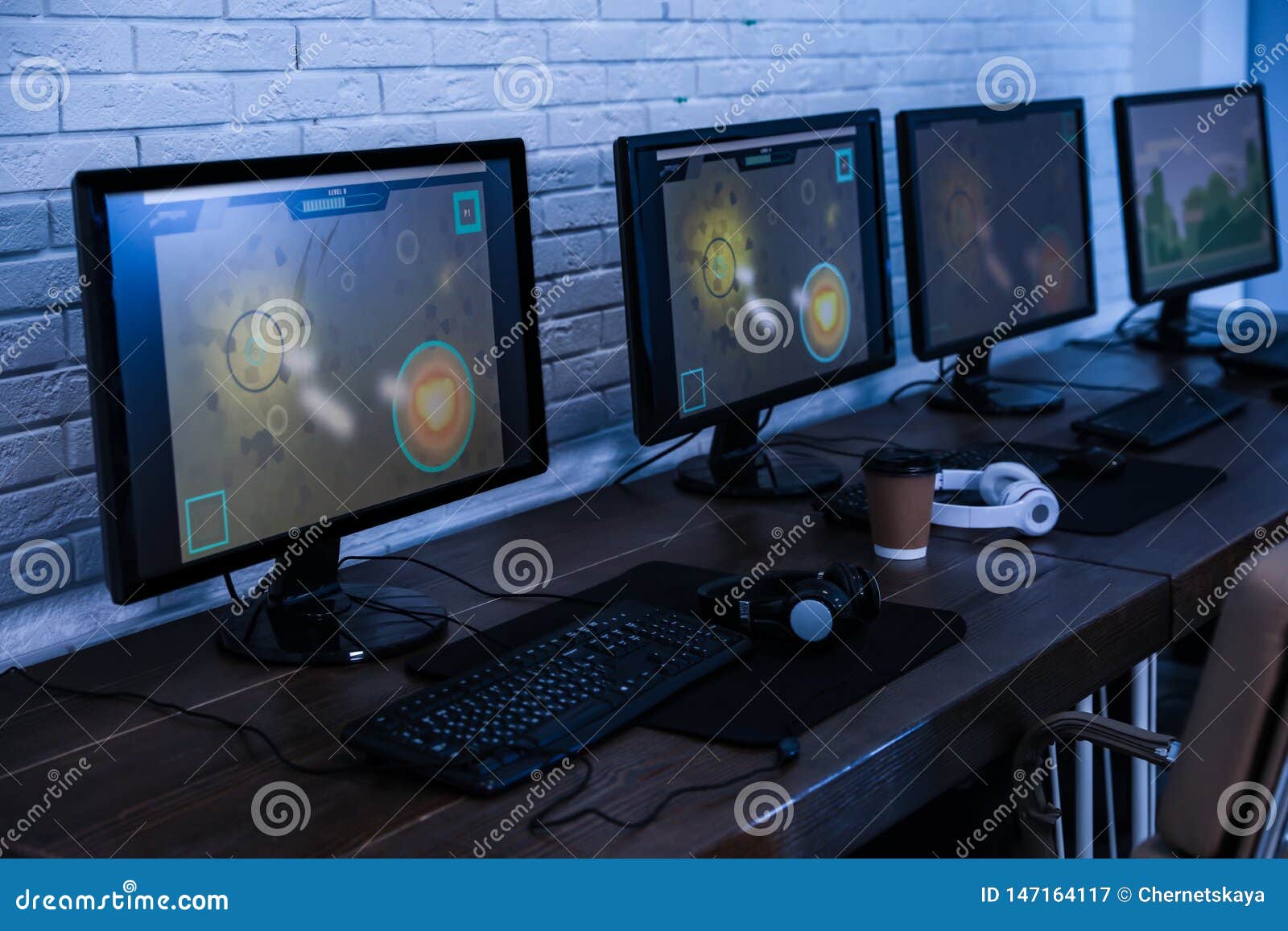 Internet Cafe with Computers for Playing Video Games Stock Image ...