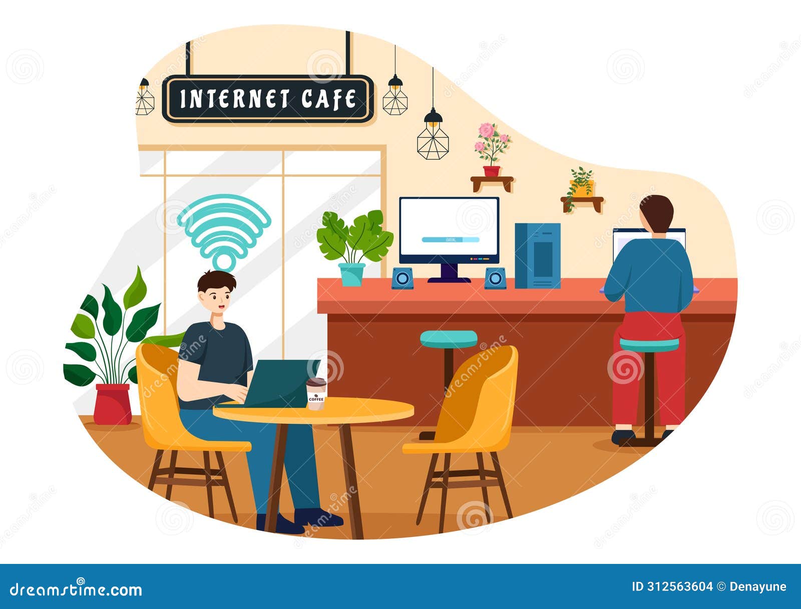 Internet Cafe Vector Illustration with Building for Young People ...