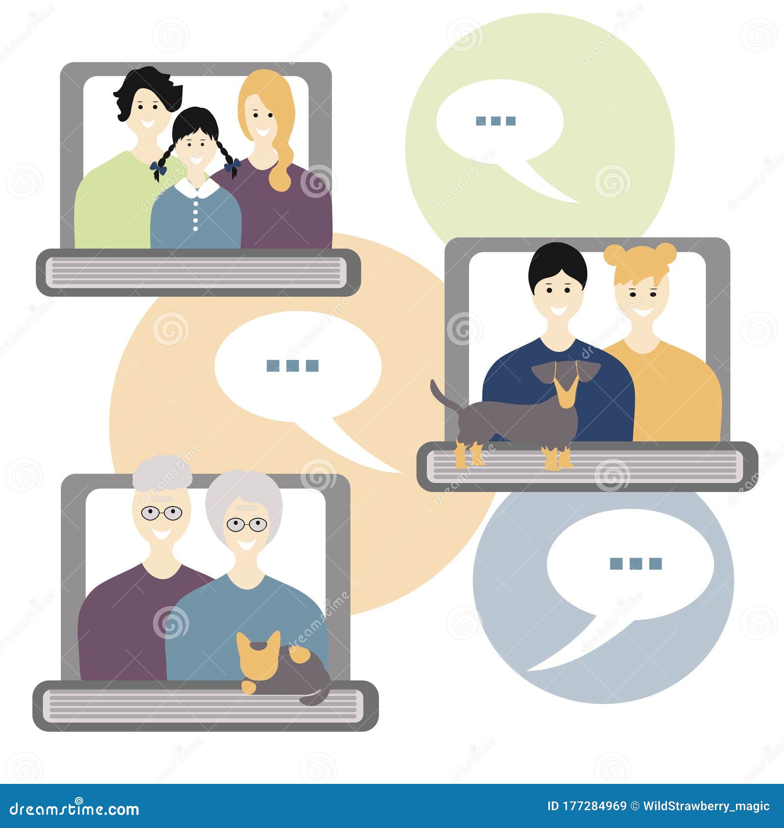 Internet Communication with Family Concept. Three Families Communicate ...