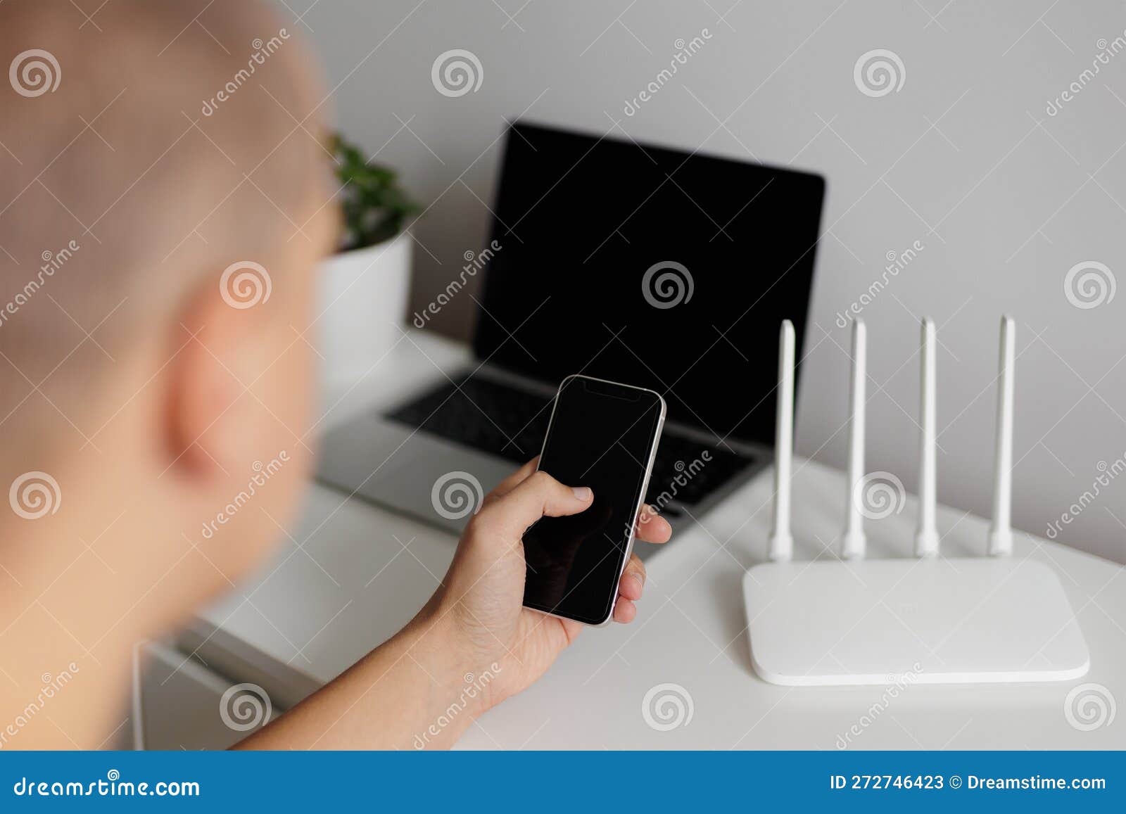 Internet Connection Concept - Man with Phone in the Foreground and ...
