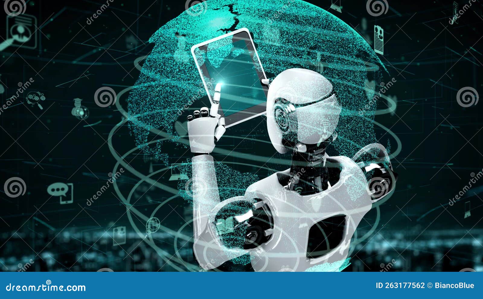 Internet Connection Controlled by AI Robot Huminoid and Machine Learning Process Stock Footage ...