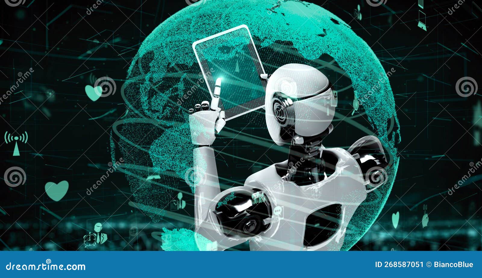 Internet Connection Controlled by AI Robot Huminoid and Machine Learning Process Stock ...