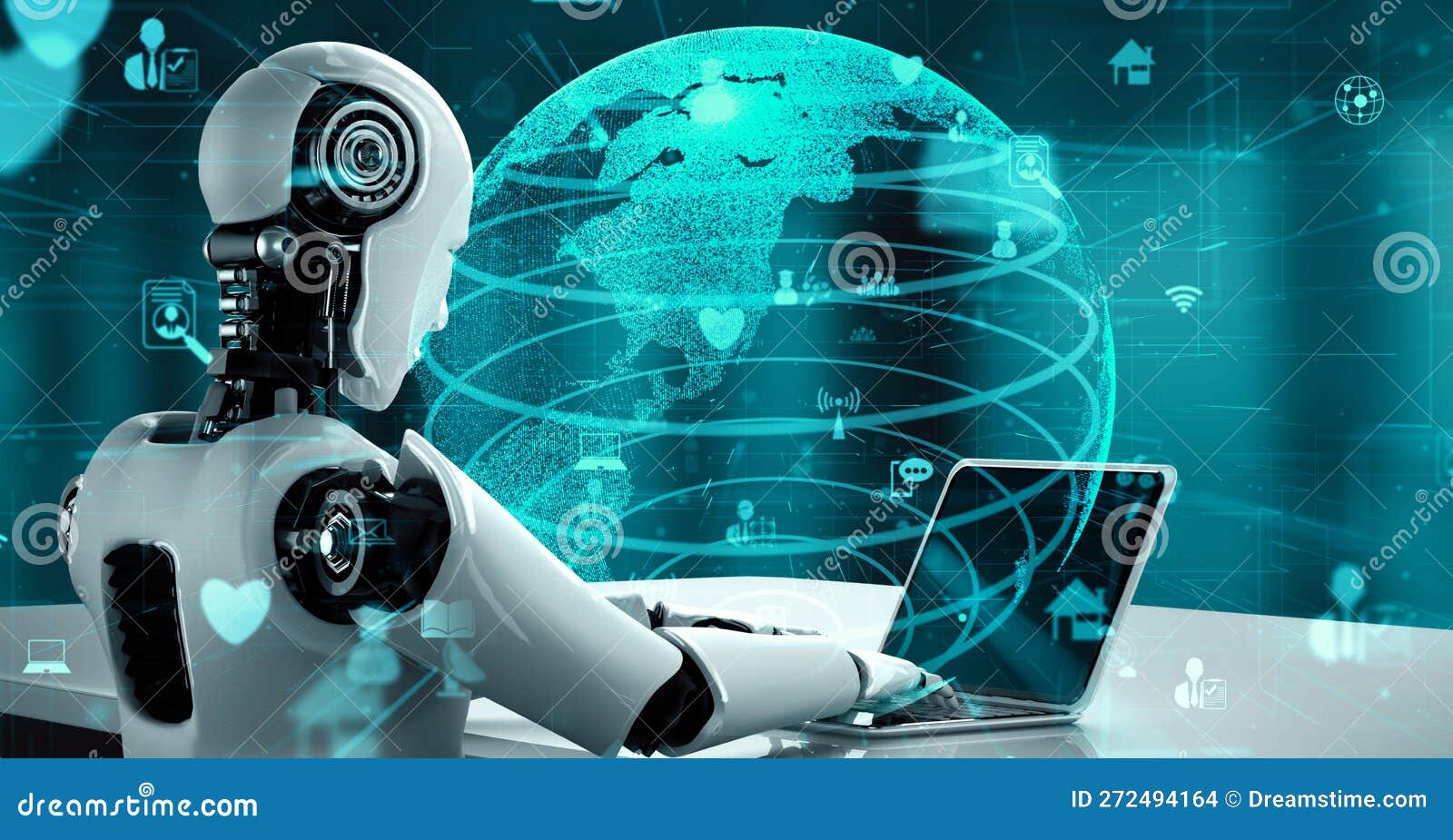 Internet Connection Controlled by AI Robot Huminoid and Machine Learning Process Stock ...