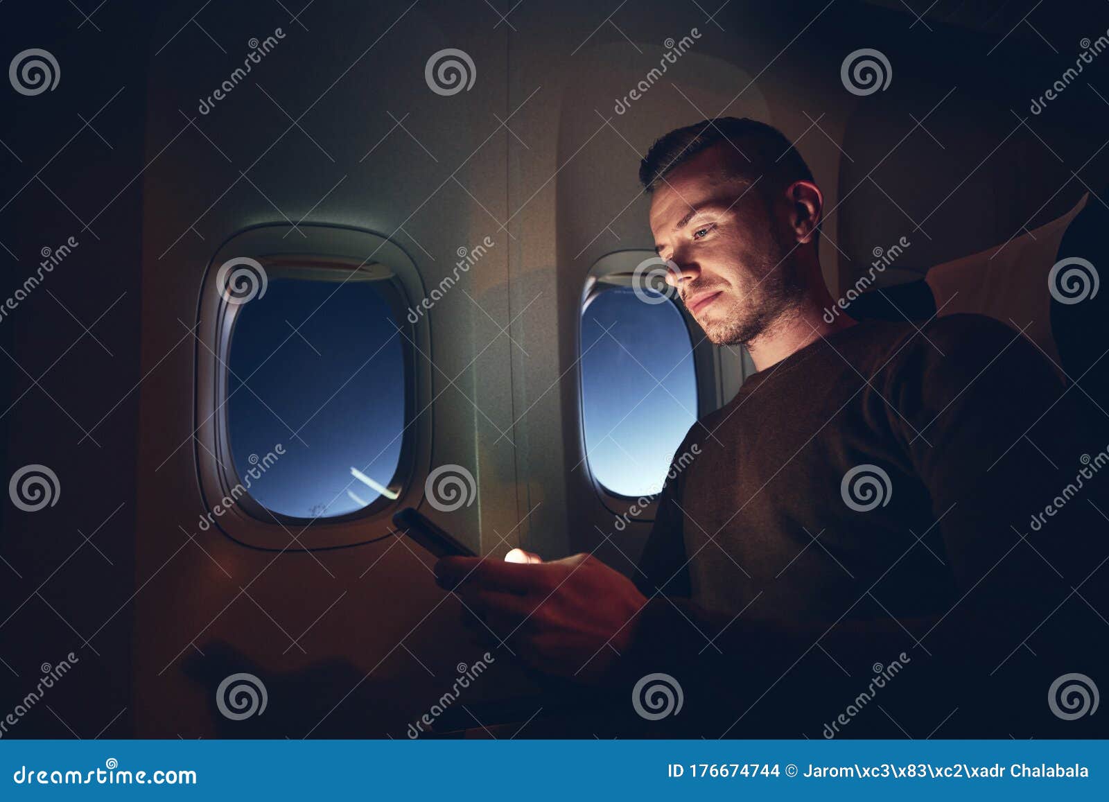 Internet Connection during Night Flight Stock Photo - Image of looking ...