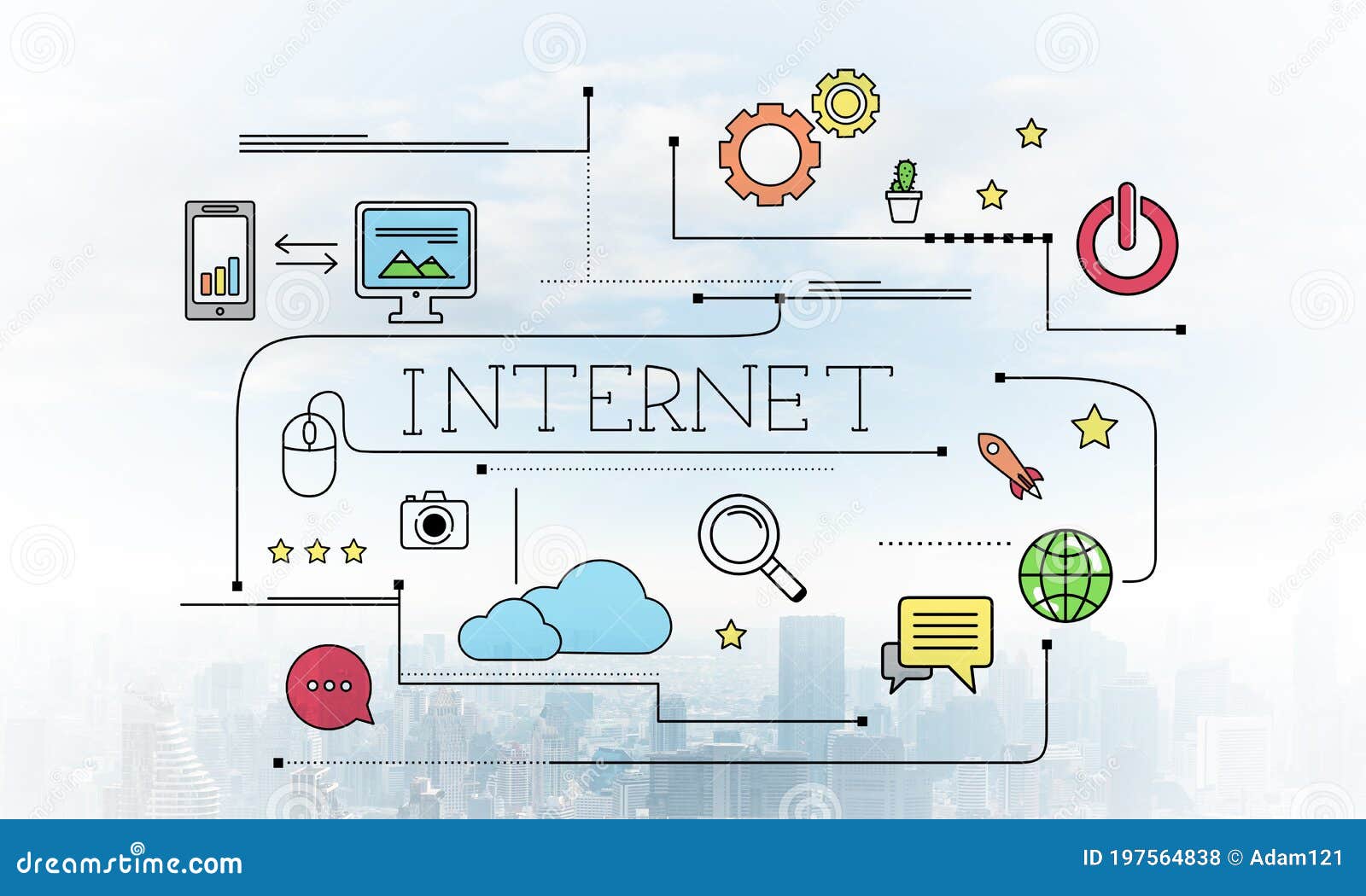 Internet Connection Sketch with Media Signs Stock Illustration ...