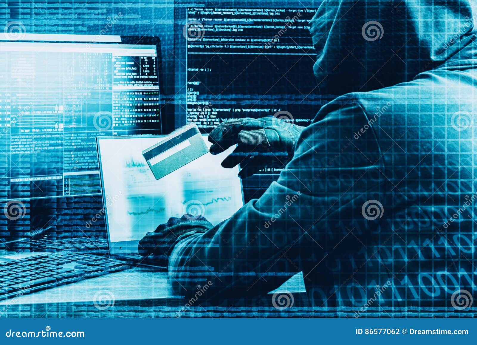 Internet Crime Concept. Hacker Working on a Code and Stealing Credit ...
