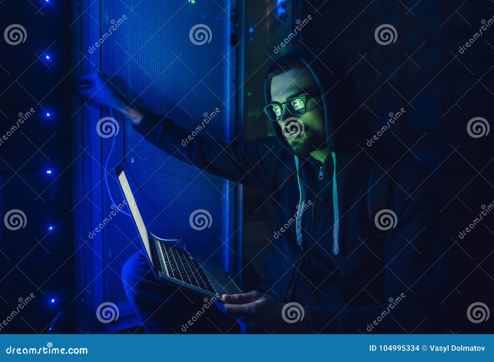 Hacker in data centre stock photo. Image of identity - 104995334