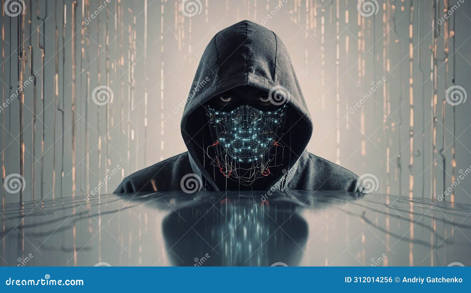 Hooded Hacker Hides His Face Behind a Glowing Mask, only His Eyes are ...