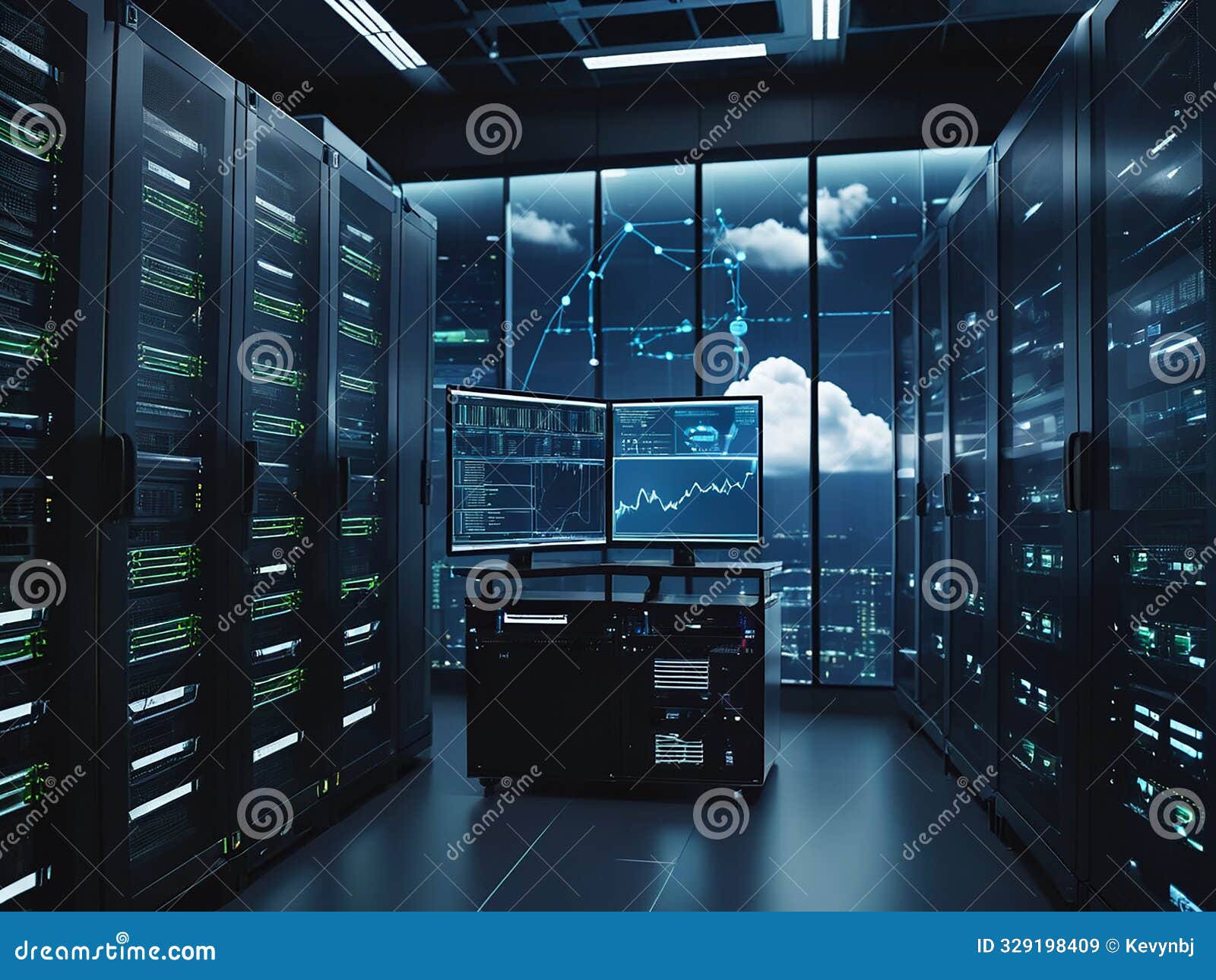 Internet Data Center and Cloud Services Concept Blue Hues with Wall of ...