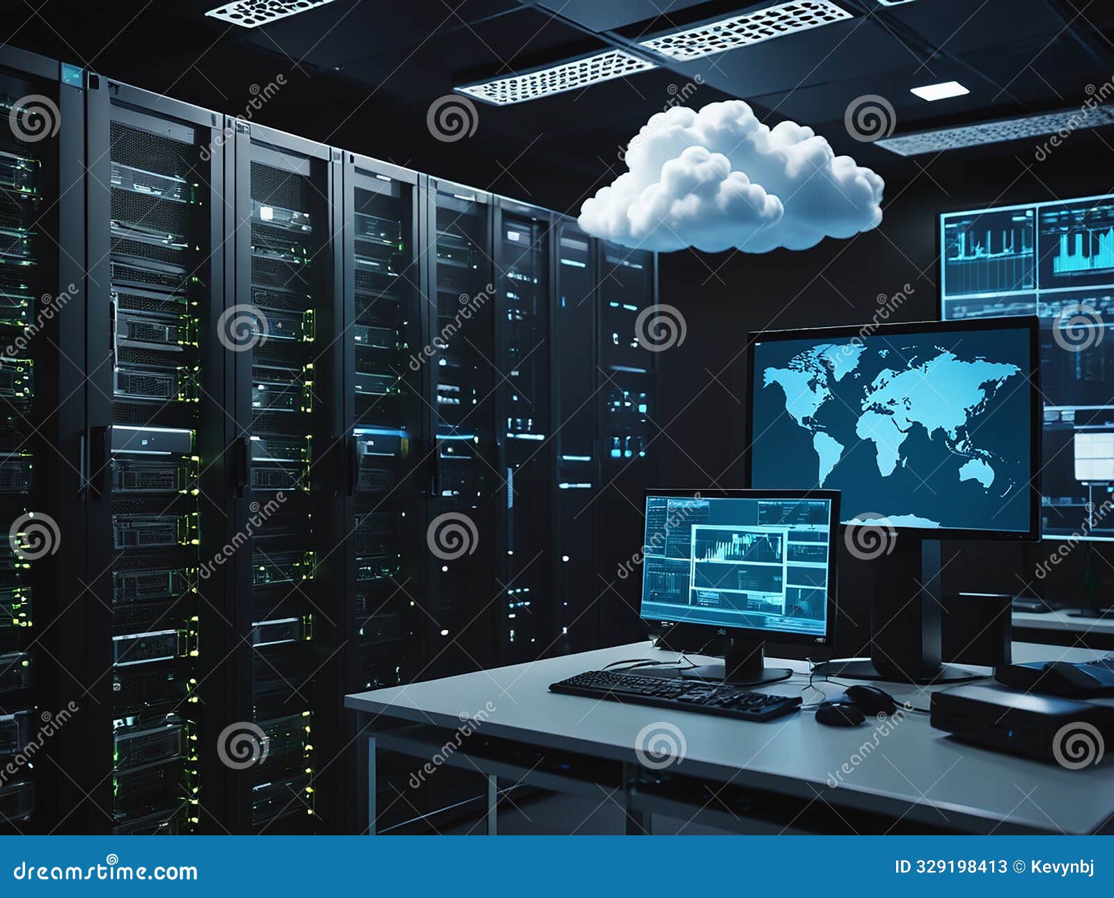 Internet Data Center and Cloud Services Concept the Blue Monitors of ...