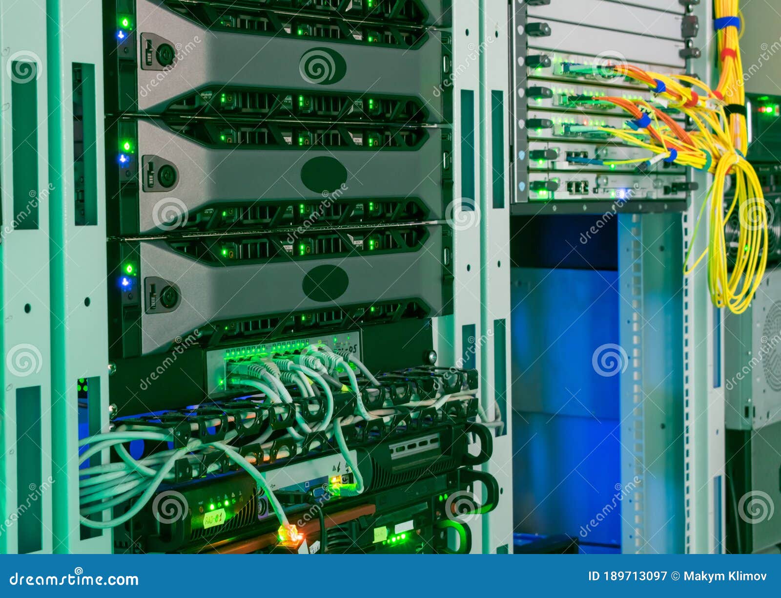 Internet Equipments in Datacenter Server Room. a Bright Display on the ...