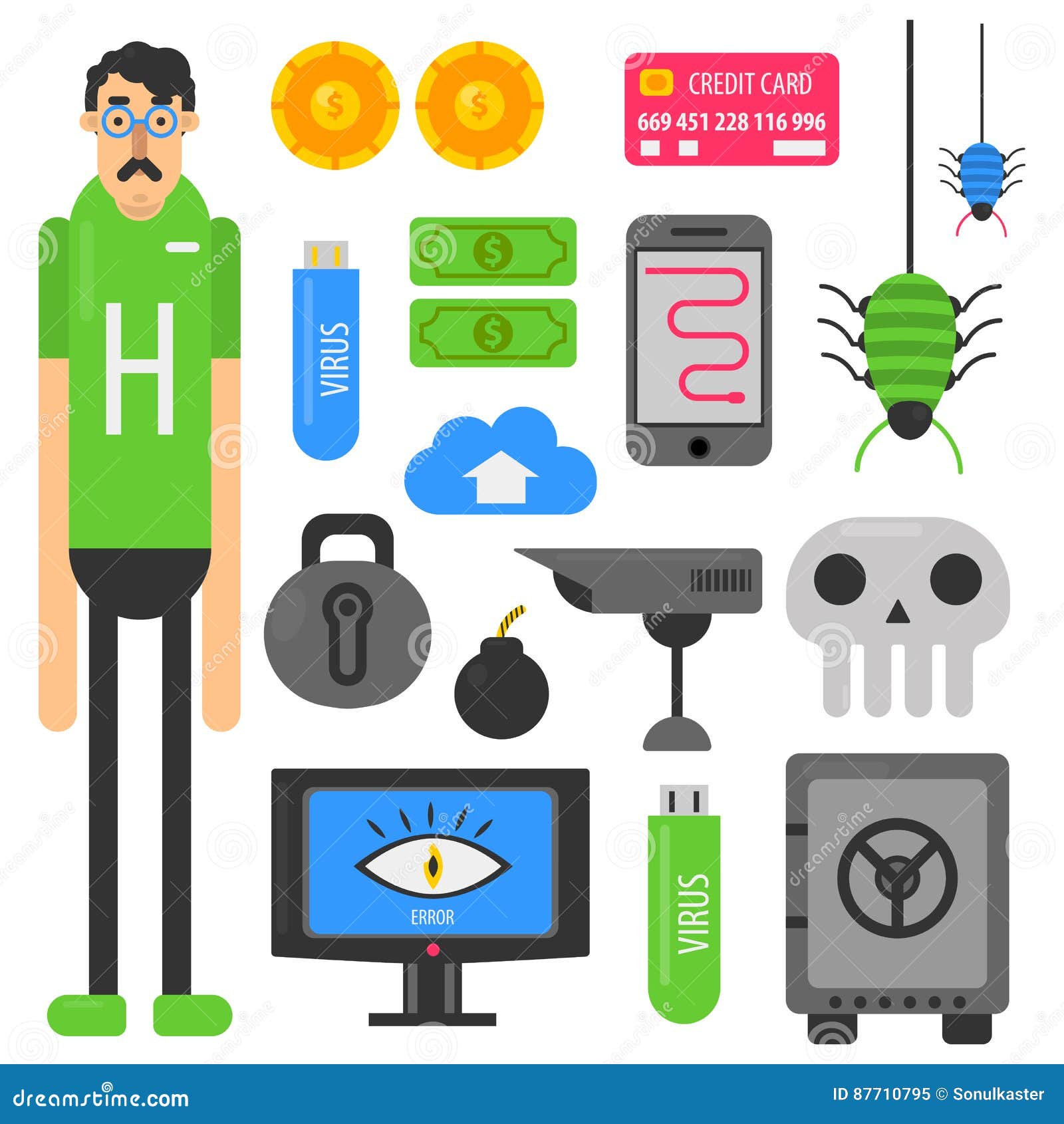 Internet Hacker Computer Phishing Malware Viruses Vector Flat Icons Stock Vector - Illustration ...
