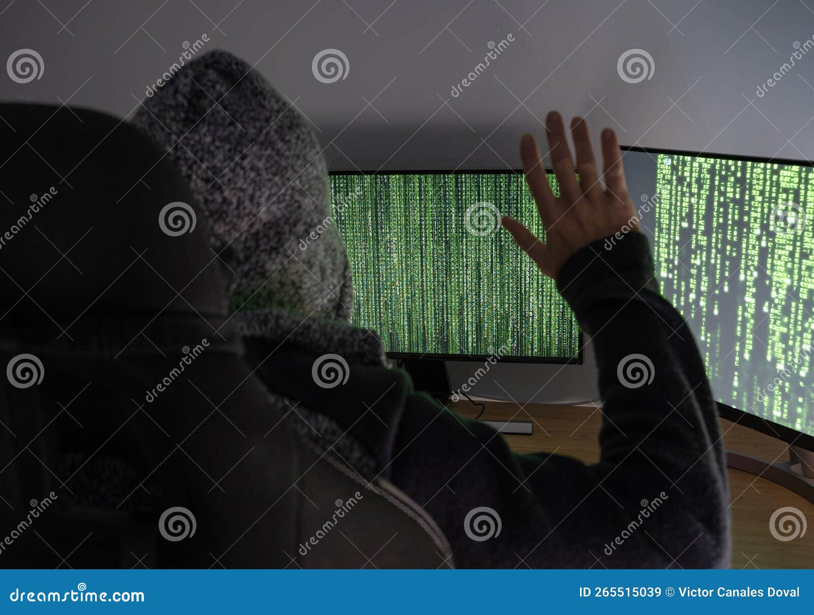 Internet Hacker Criminal Trapped in Front of Computer with Hands Up ...