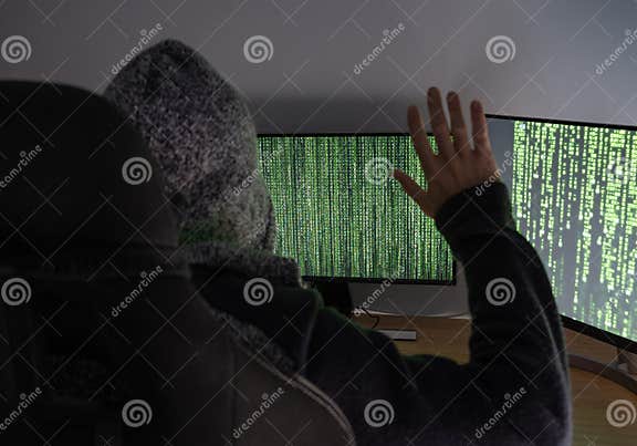 Internet Hacker Criminal Trapped in Front of Computer with Hands Up ...