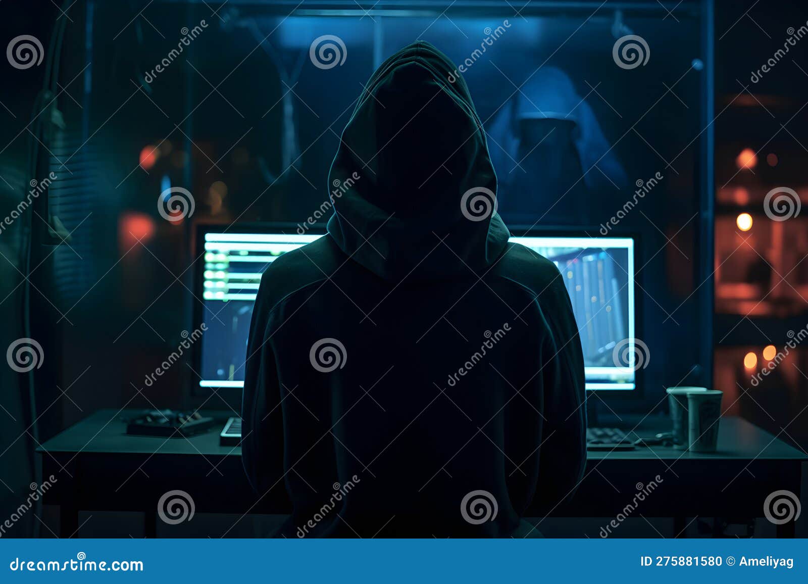 A Hacker Sitting In Front Of Multiple Computer Screens. AI Royalty-Free ...