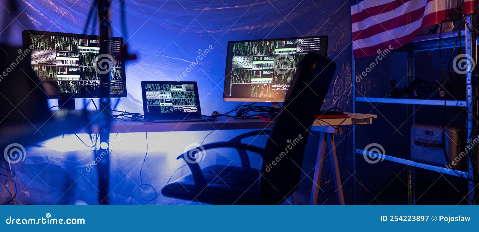 Internet Hacker Workplace in Dark Office, Cyberwar Concept. Stock Image ...