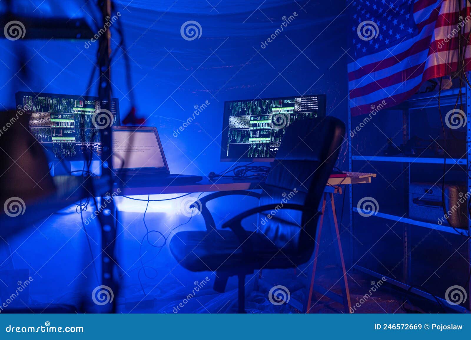 Internet Hacker Workplace in Dark Office, Cyberwar Concept. Stock Image ...