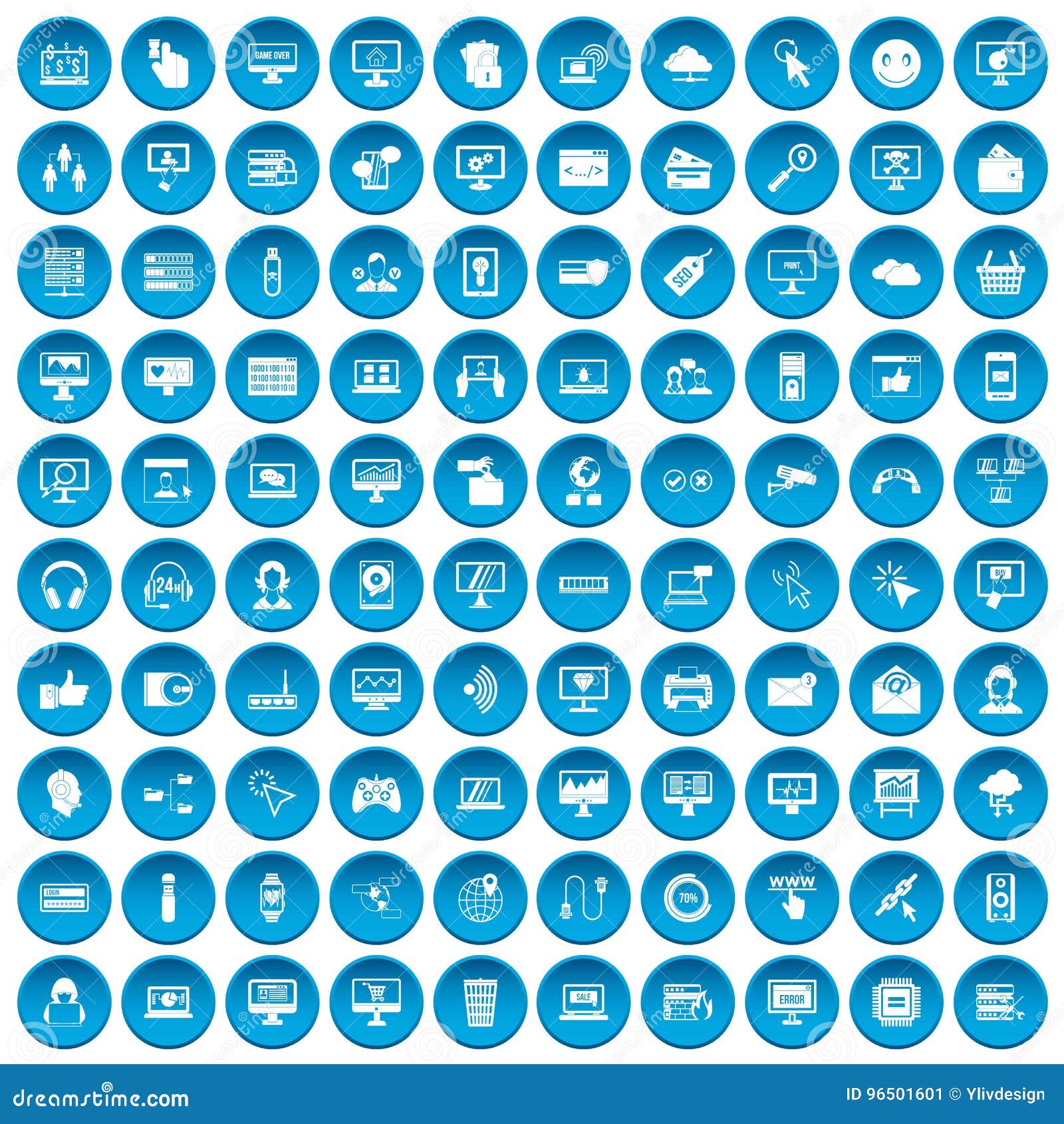 100 Internet Icons Set Blue Stock Vector - Illustration of drive ...
