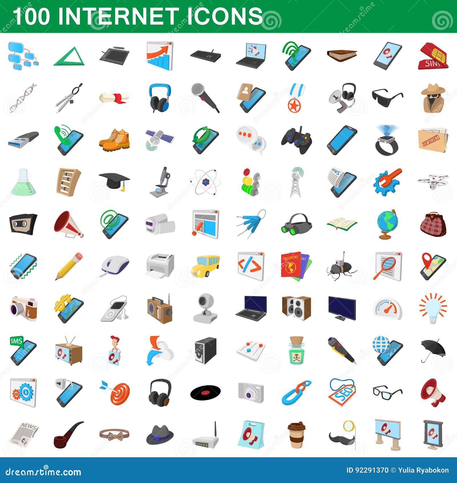 100 Internet Icons Set, Cartoon Style Stock Vector - Illustration of ...
