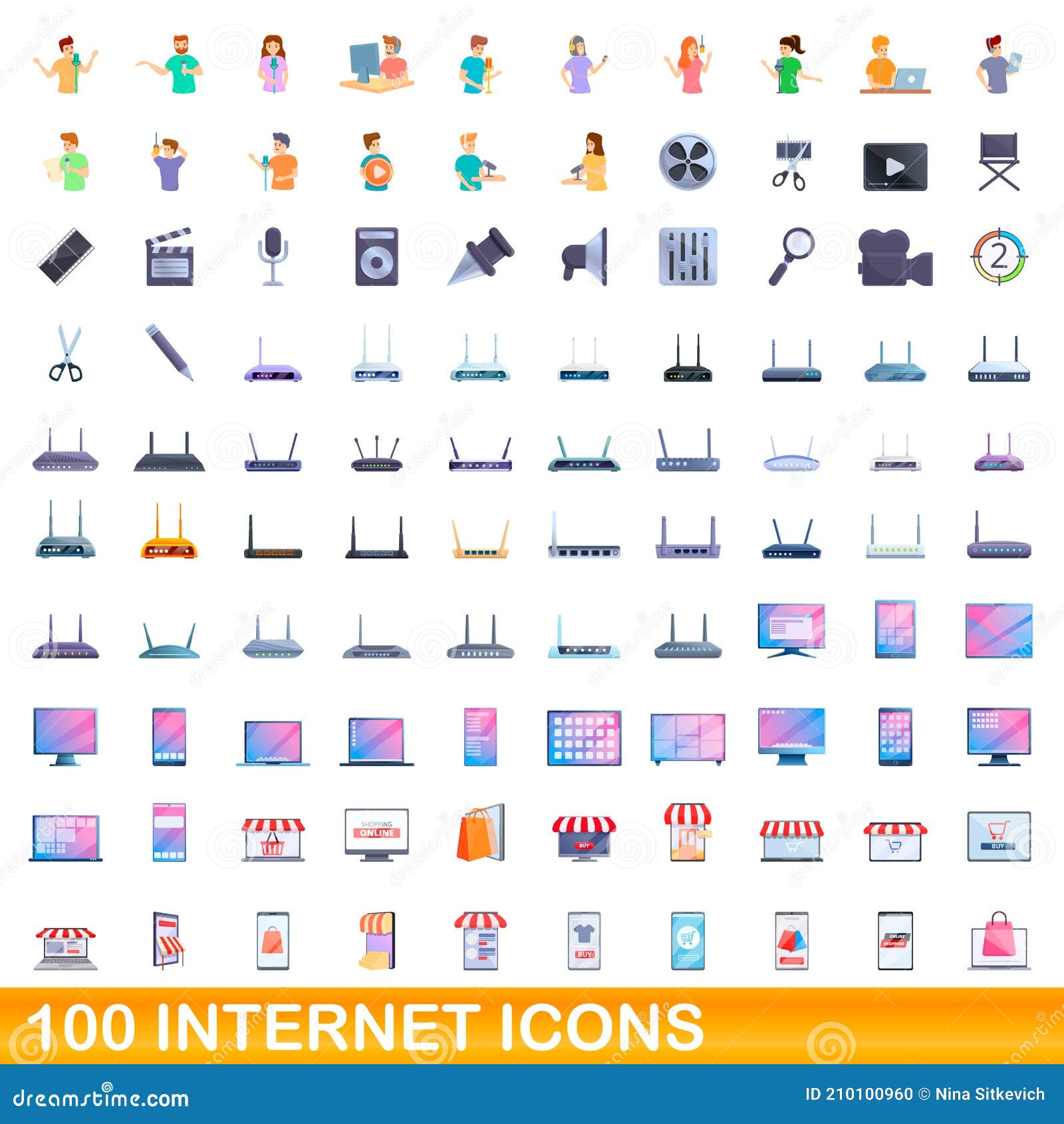 100 Internet Icons Set, Cartoon Style Stock Vector - Illustration of ...