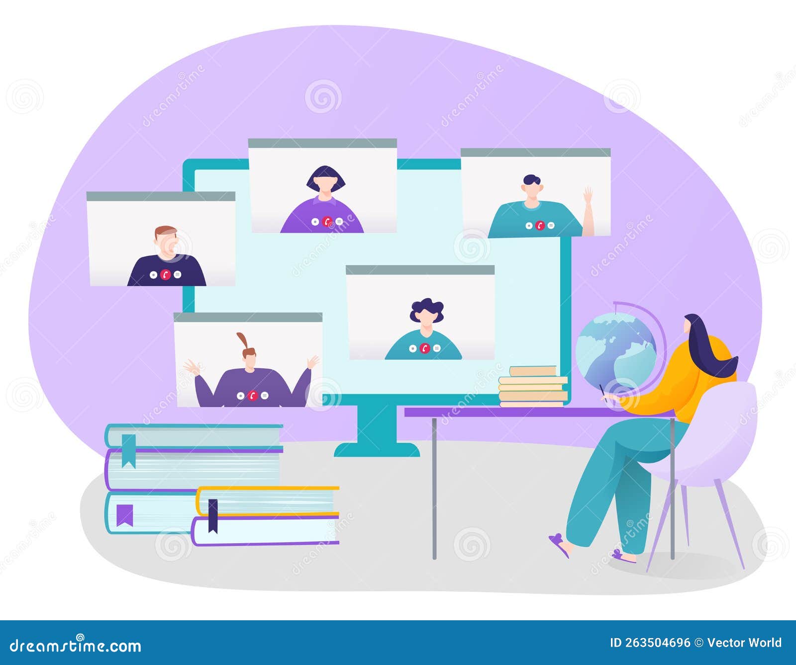 Internet Learning at Computer Screen Technology, Vector Illustration ...