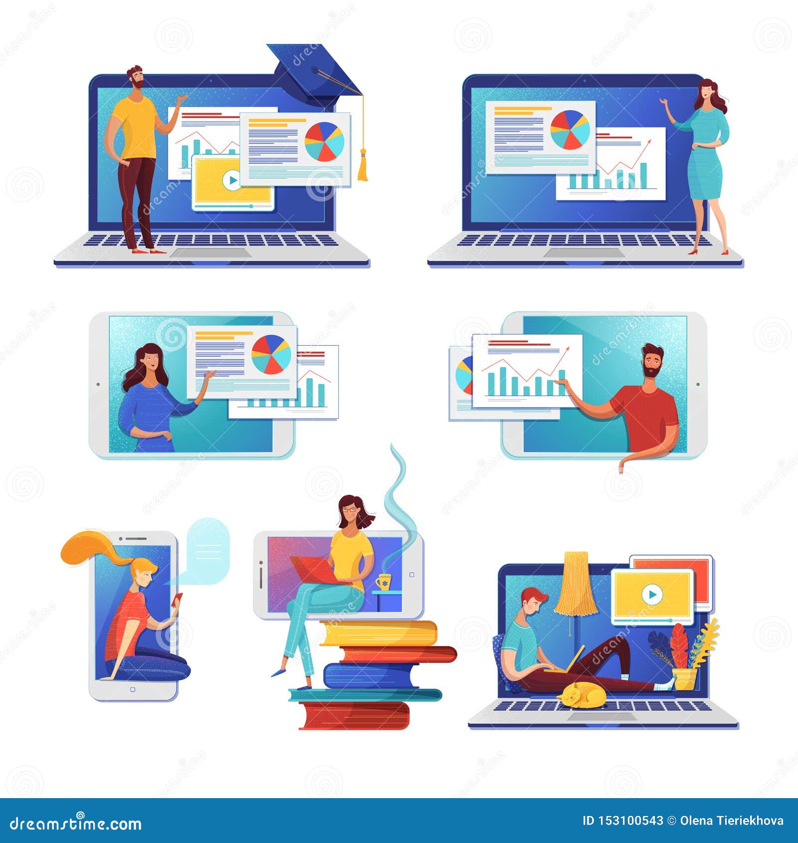 Internet Learning Flat Vector Illustrations Set Stock Vector ...