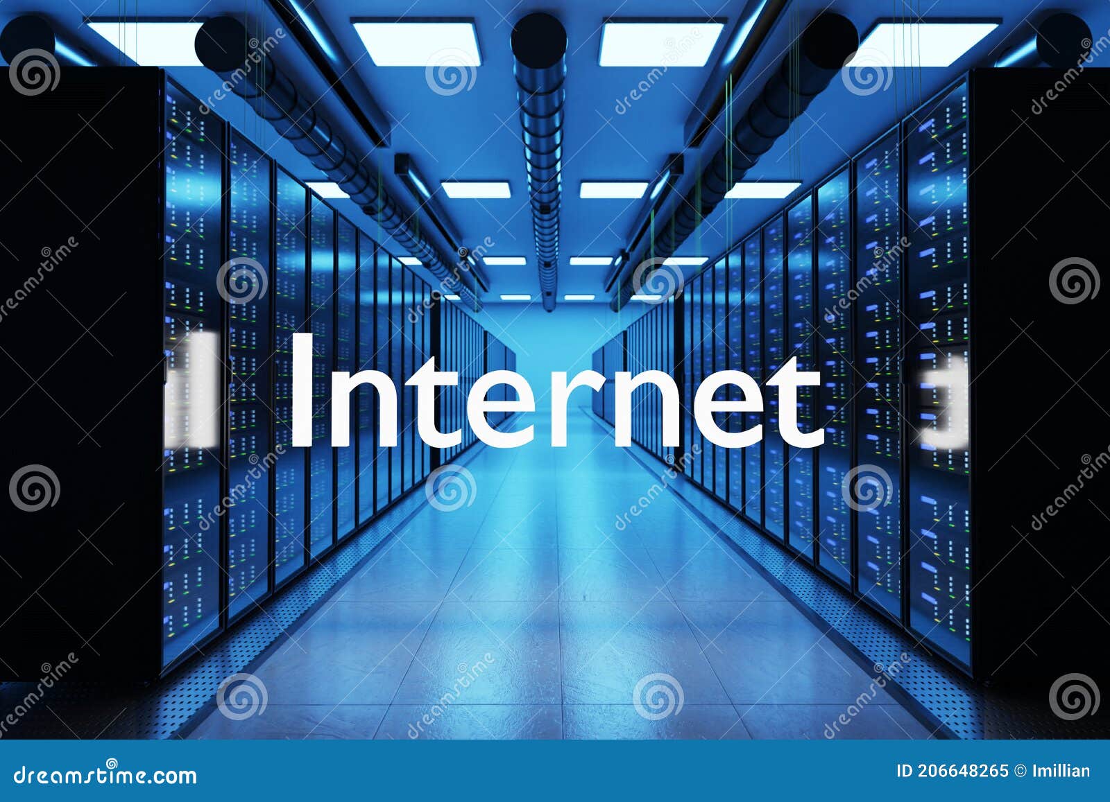 Internet Logo in Large Modern Data Center with Multiple Rows of Server ...