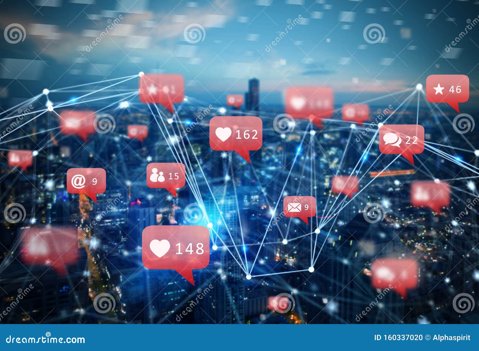 Internet Network of a City with Social Network Icon, Heart, Messages ...