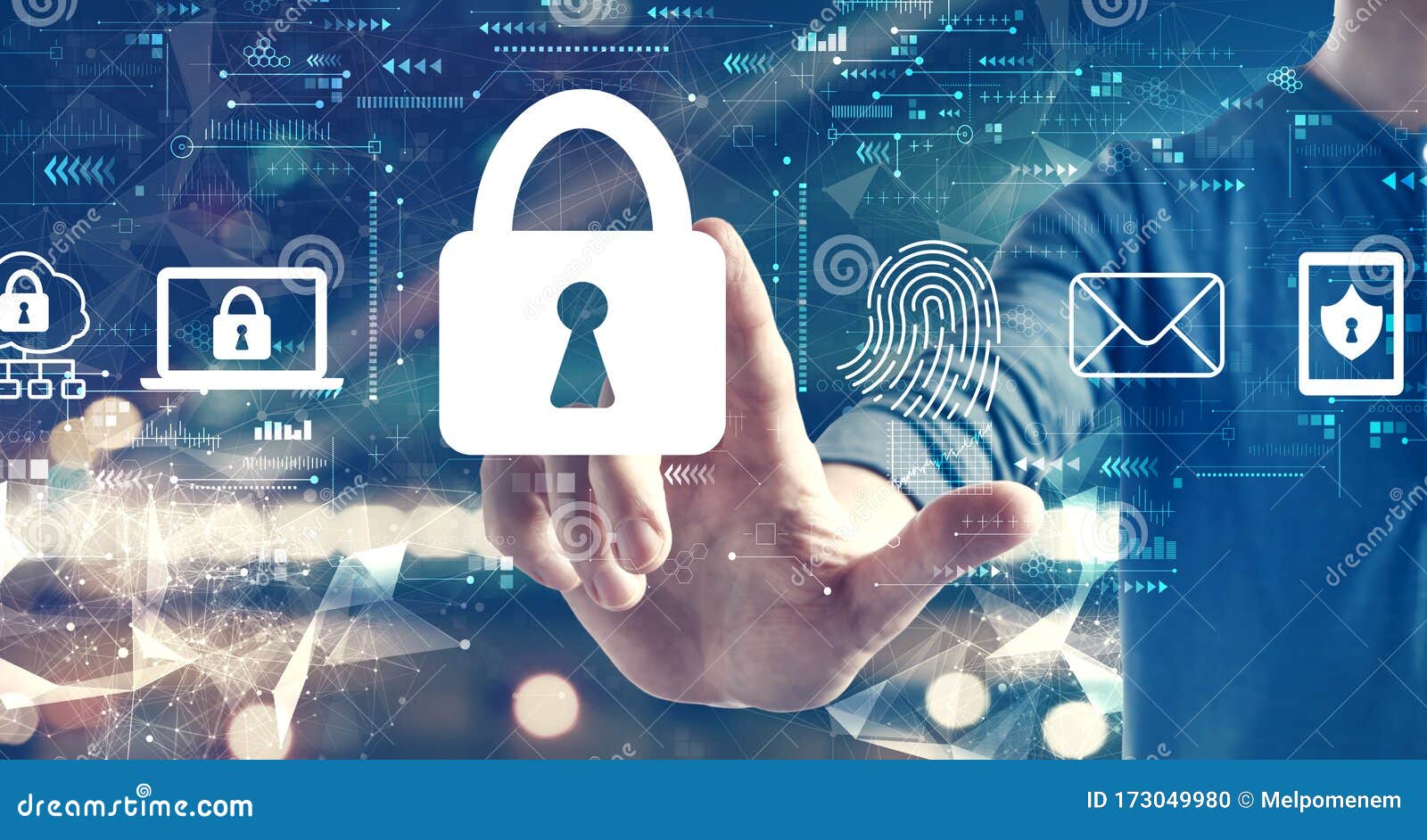 Internet Network Security Concept with a Man on City Background Stock ...