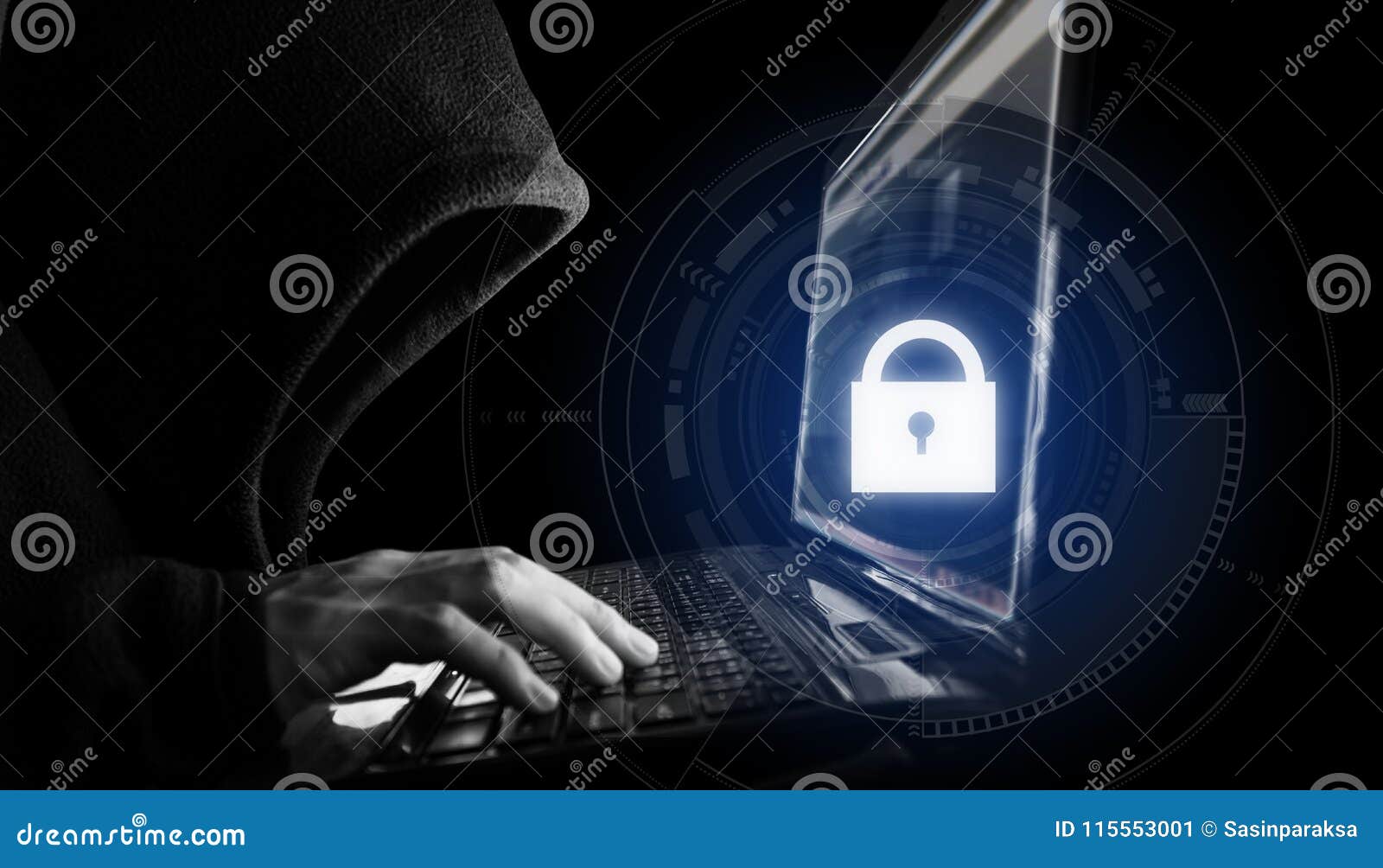 Internet Network Security System. Hacker in Black Hoodie Using Computer ...