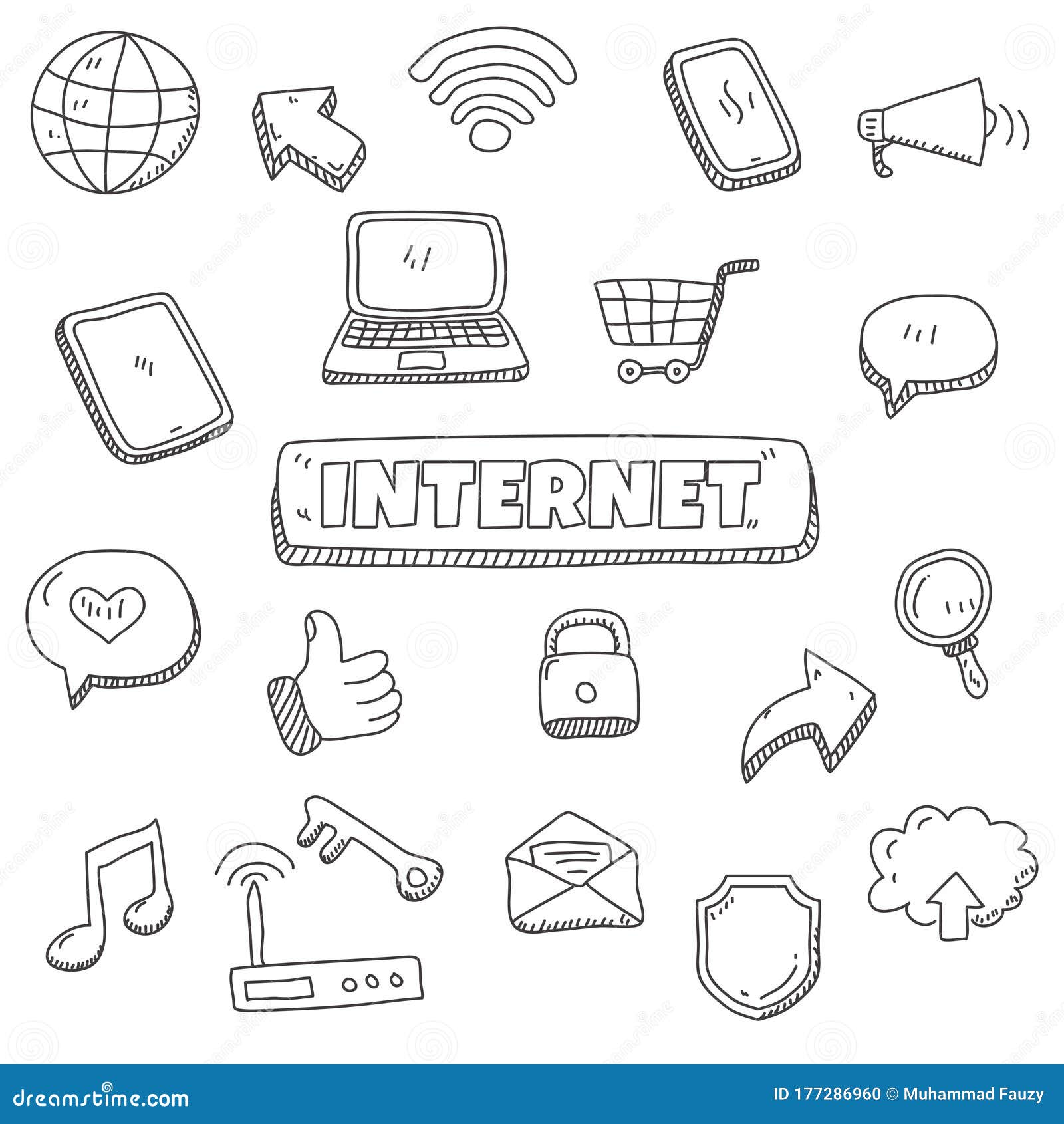 Internet Related Doodles Element Collection in Cute Hand Drawn Style ...