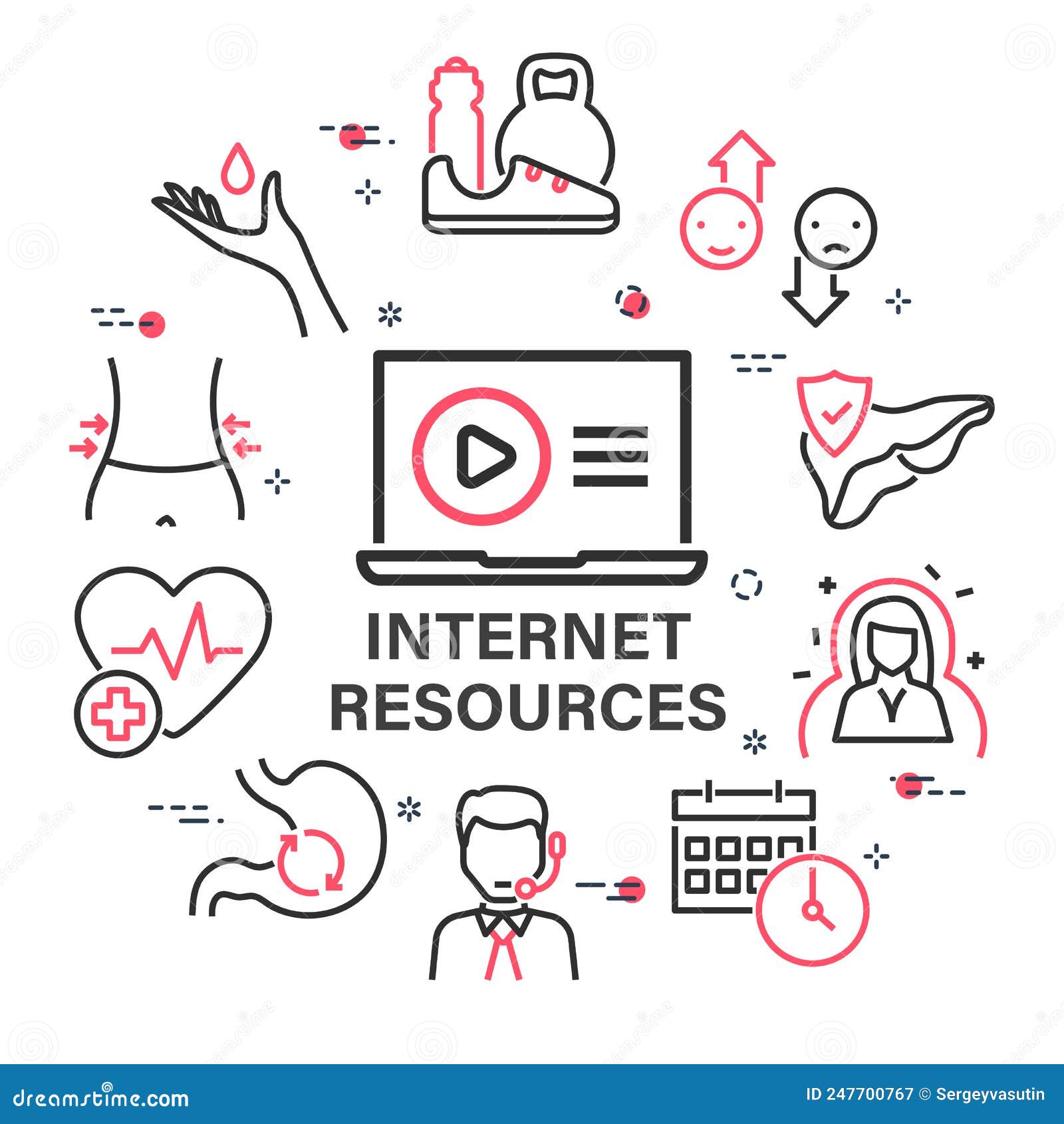 Internet Resources Circular Banner. Vector Linear Icons in Round Frame ...