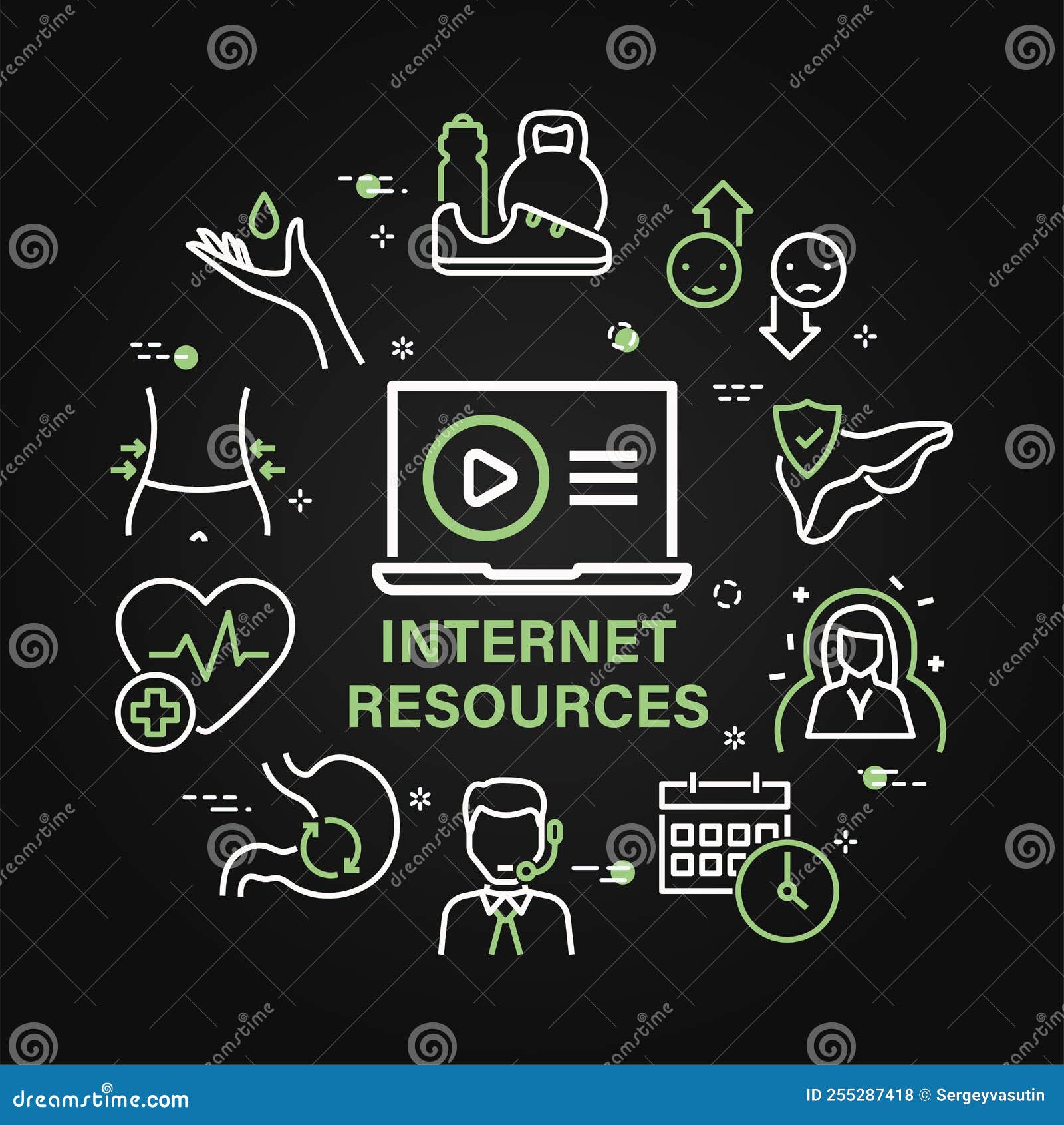 Internet Resources Circular Black Banner. Vector Linear Icons in Round ...