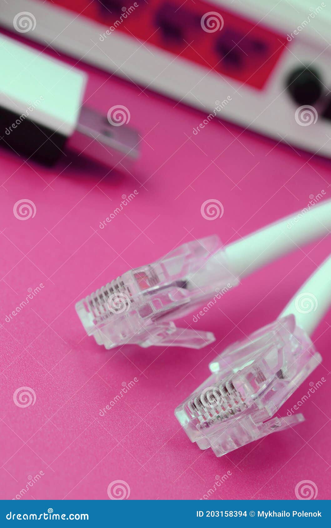 Internet Router Portable Usb Wi Fi Adapter And Internet Cable Plugs Lie On A Bright Pink