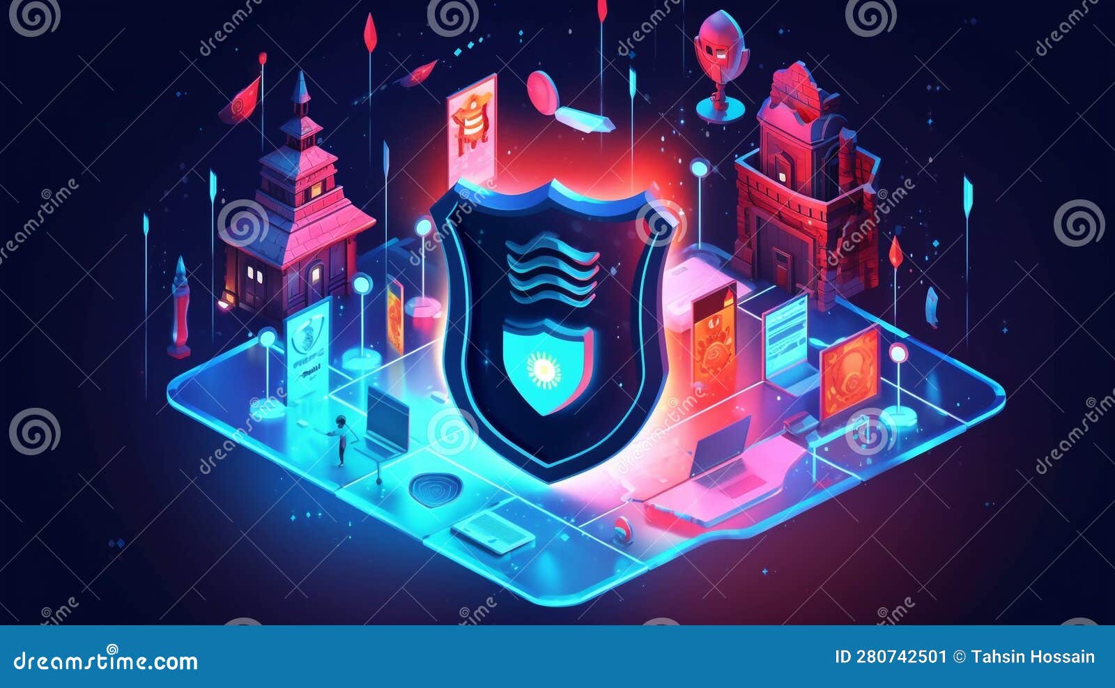 Internet Safety And Data Privacy With A Digital Shield Surrounded By A ...