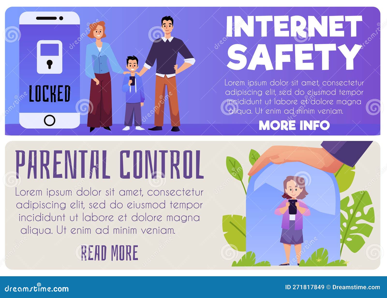 Internet Safety and Parental Control of Children, Flat Vector Banners ...