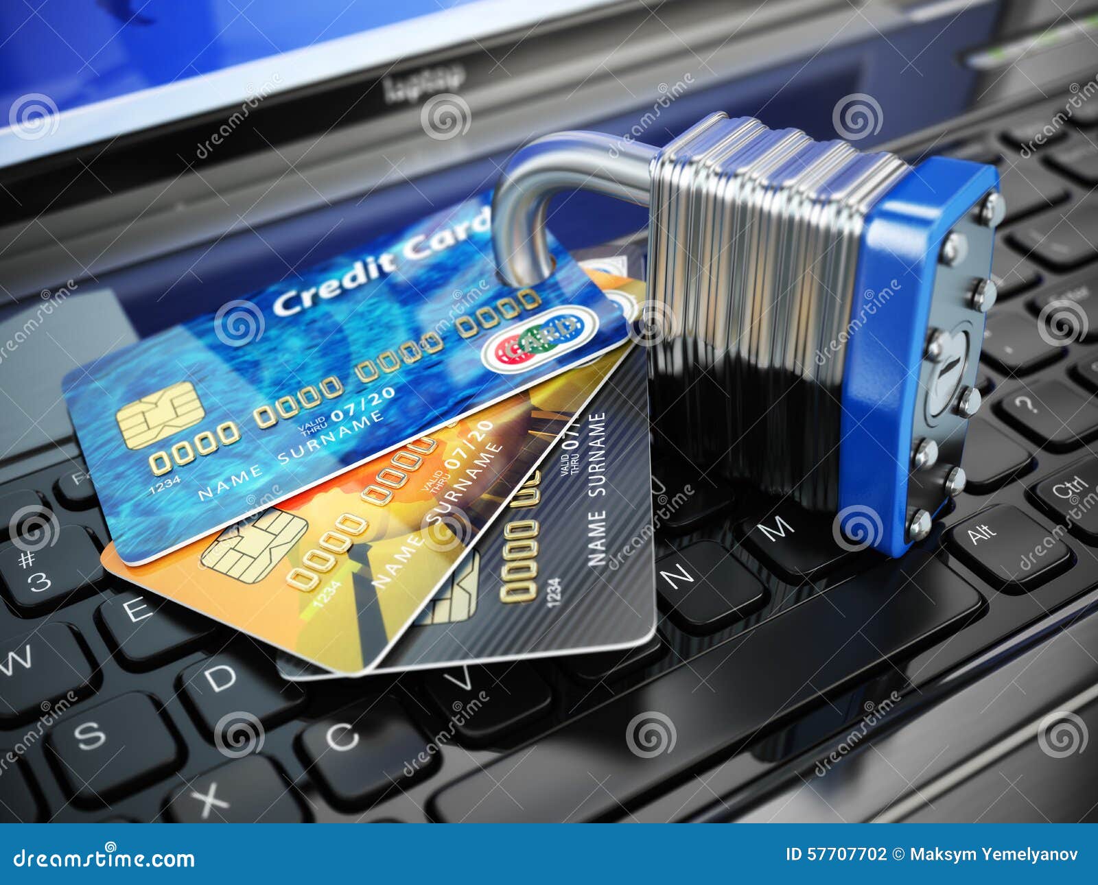 Internet Security Concept. Credit Cards and Lock on Laptop Keybo Stock ...