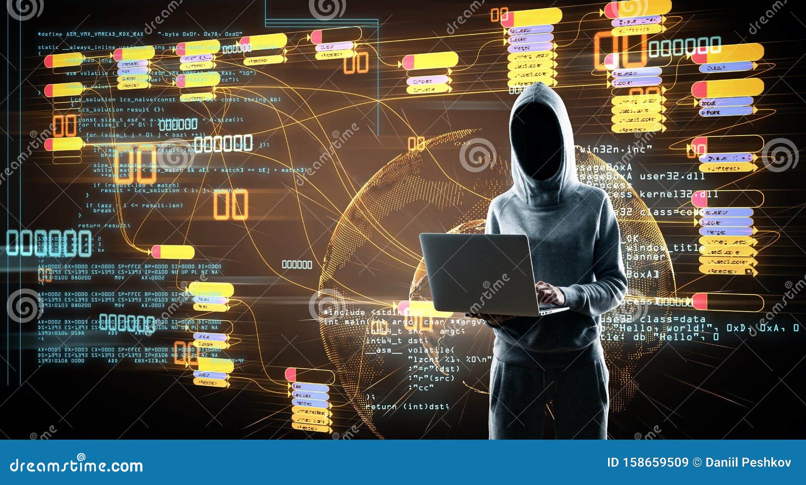 Internet Security Concept with No Face Hacker at Digital Map with Node ...