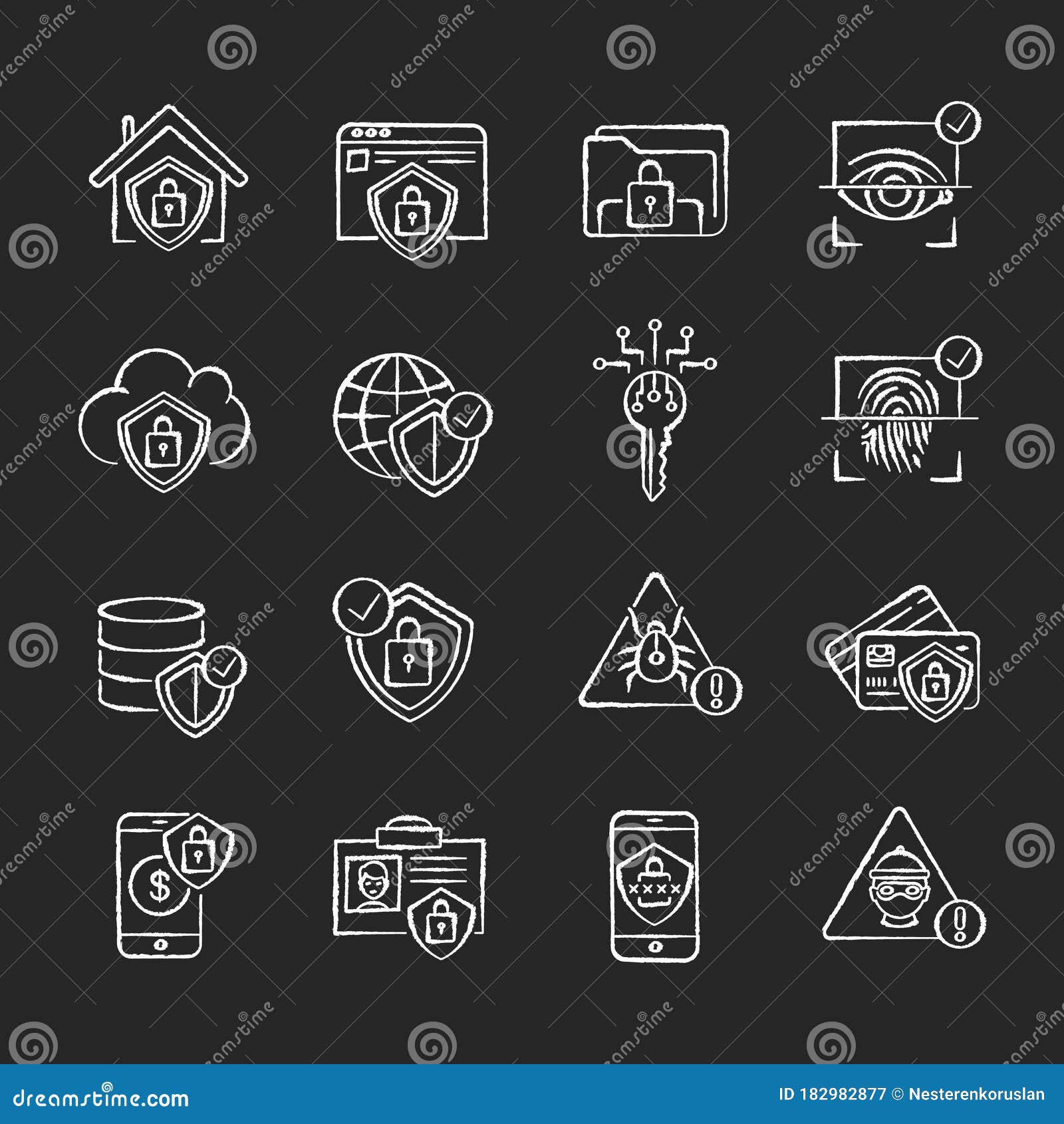 Internet Security System Chalk White Icons Set on Black Background ...